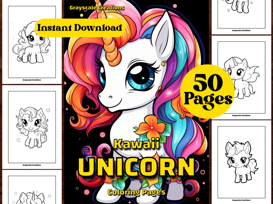 50 Unicorn Coloring Page Book, Horse Cute Fantasy Kawaii Doodle ...