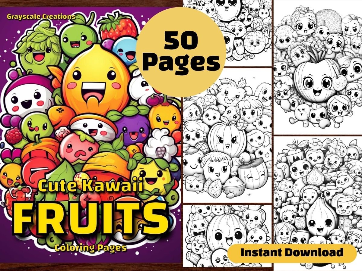 50 Fruit Kawaii Cute Doodle Coloring Page Book Printable PDF - Etsy