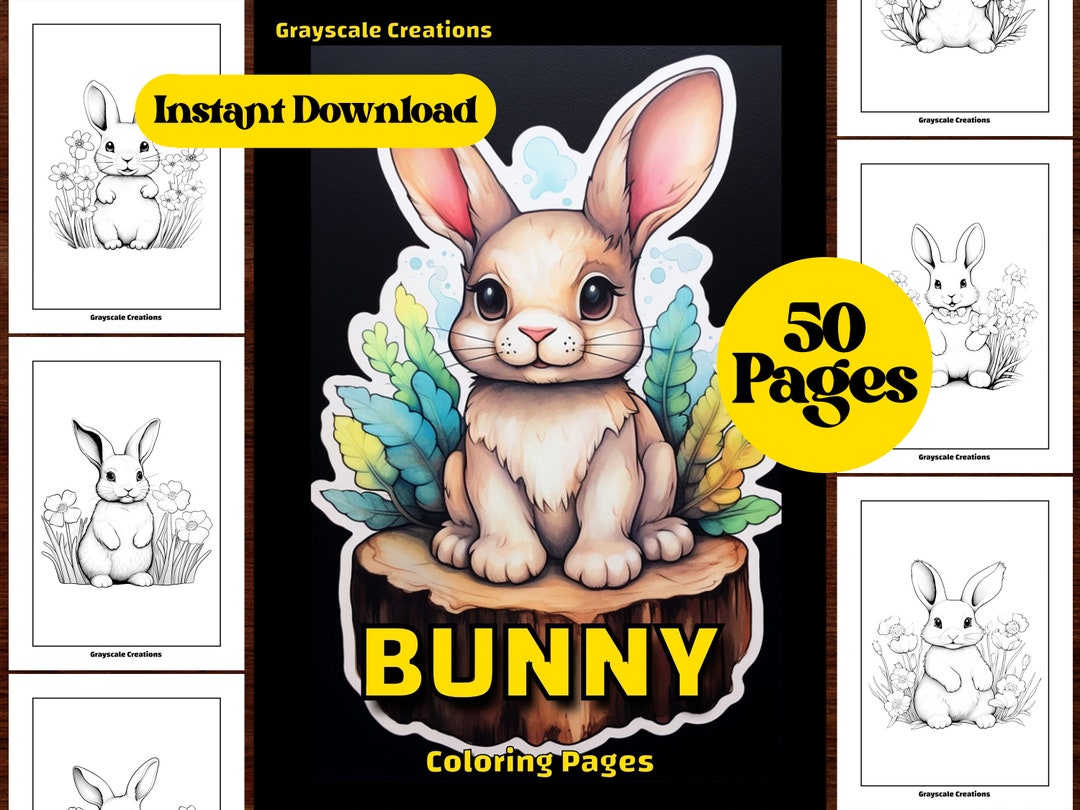 50 Bunny Coloring Page Book, Baby Rabbit Woodland Animal, Festive ...