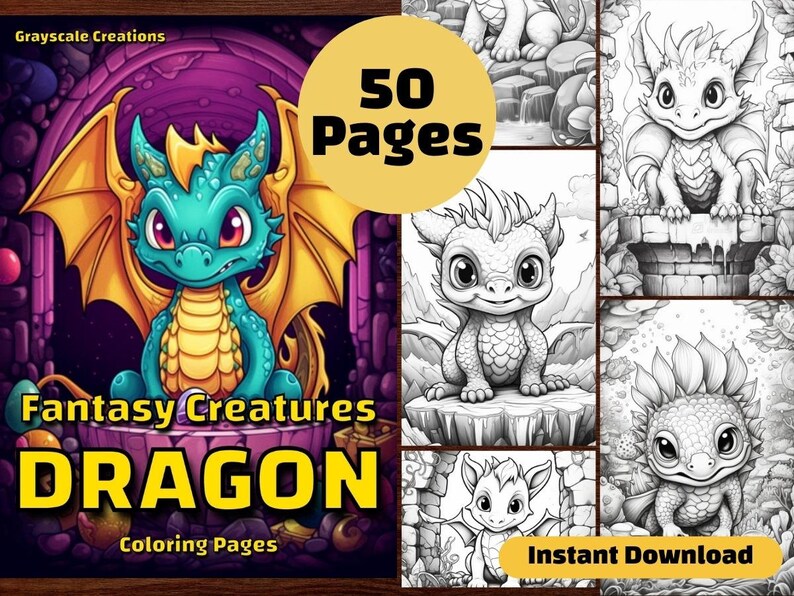 50 Cute Baby Dragon Coloring Page Book Printable PDF Sheets - Etsy