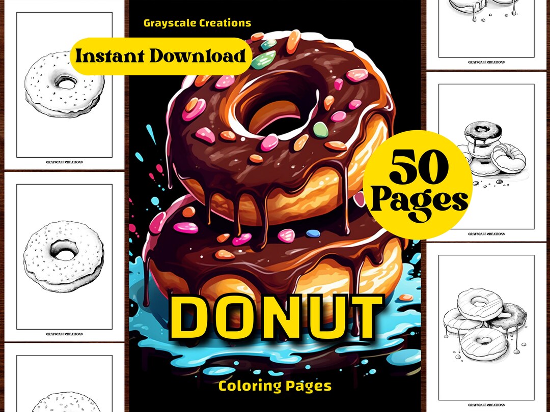 50 Donuts Coloring Page Book, Food Beverage Drinks Culinary, Printable PDF Sheets, Instant ...