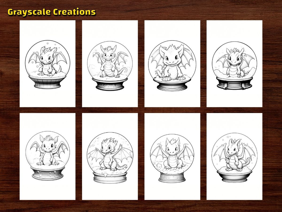 50 Cute Dragon Snowglobe Coloring Page Book Snow Glass - Etsy