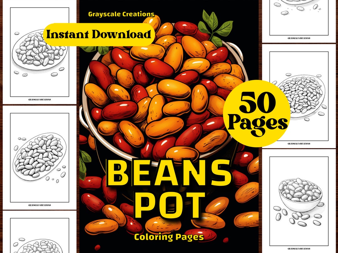 50 Beans Pot Coloring Page Book, Food Beverage Drinks Culinary ...