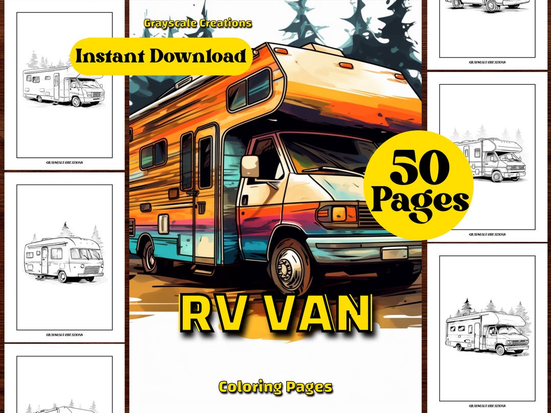50 RV Van Coloring Page Book, Object Motor Nature Car Vintage ...