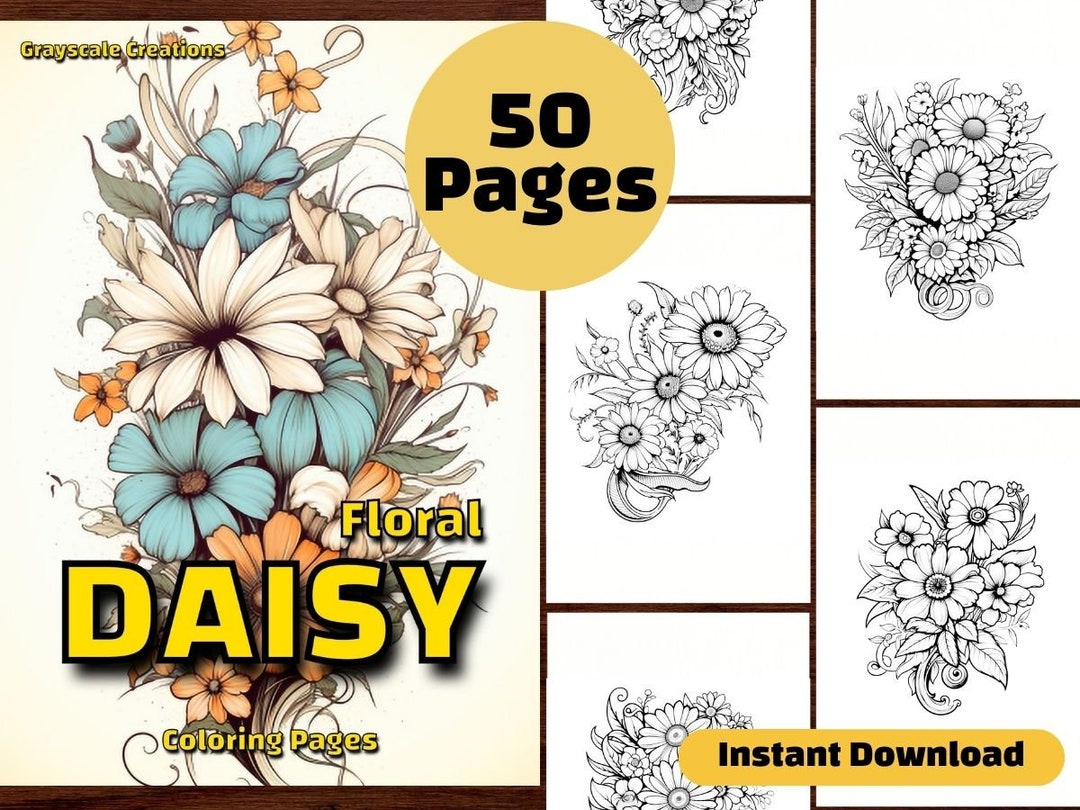 50 Daisy Coloring Page Book, Nature Botanical Flower Floral Bouquet ...