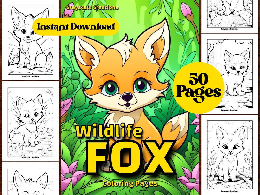 50 Cute Fox Coloring Page Book, Printable PDF Sheets, Instant Download ...