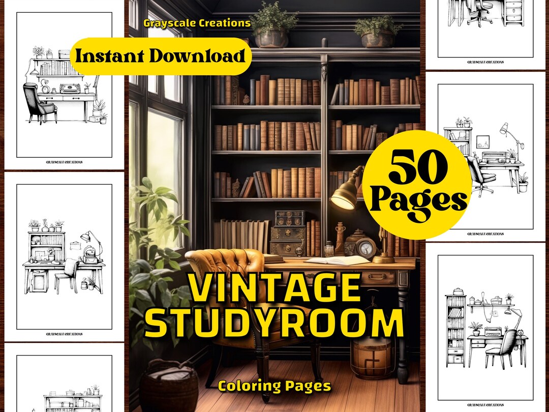 50 Vintage Studyroom Coloring Page Book, Nature House Interior ...