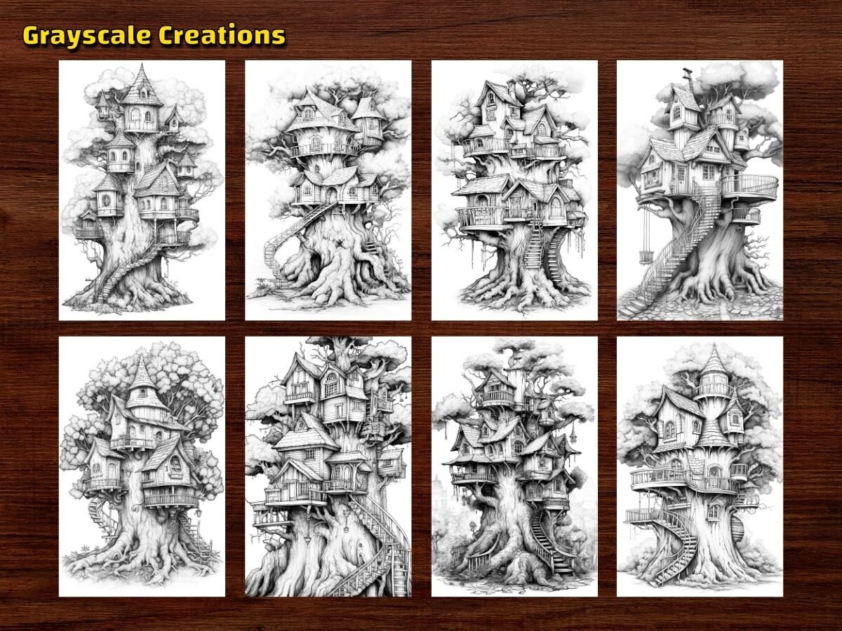 50 Enchanted Treehouse Coloring Page Book, Printable PDF Sheets ...