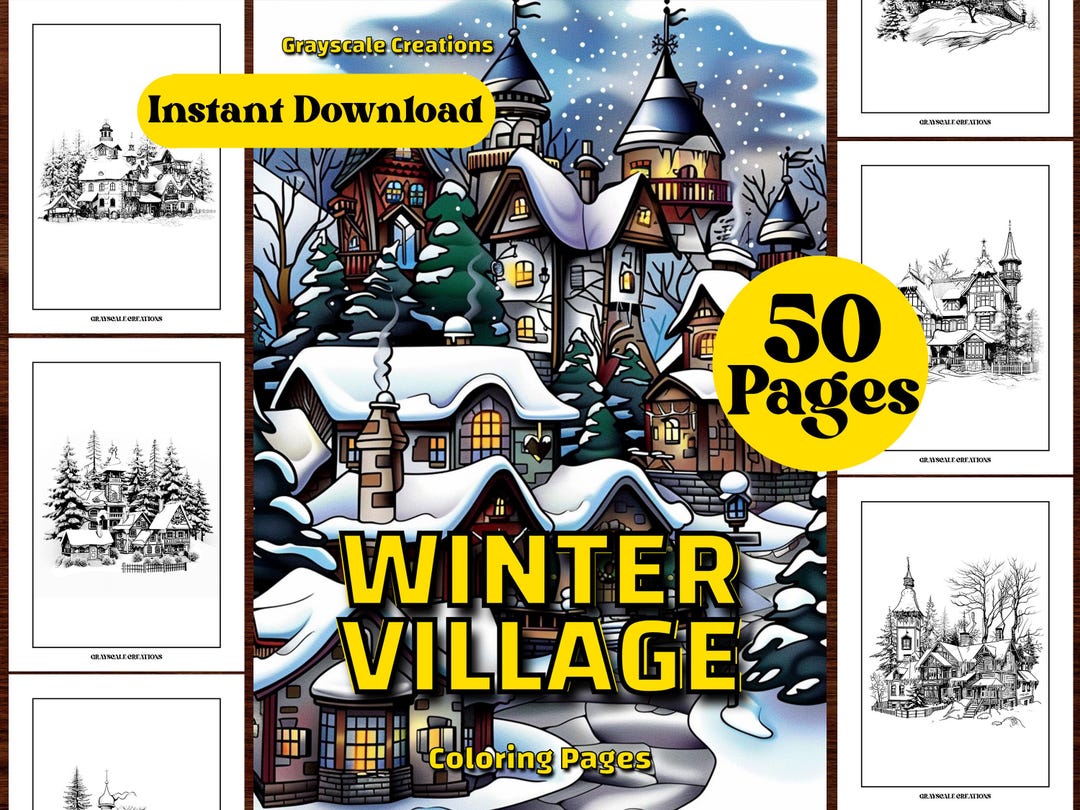 50 Village Winter Coloring Page Book, Christmas Snow Creature Xmas ...