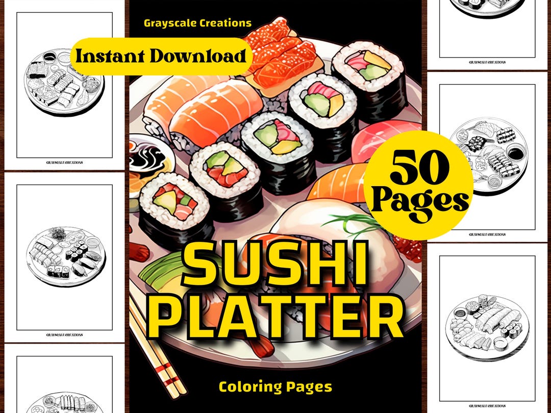 50 Sushi Platter Coloring Page Book, Food Beverage Drink Culinary ...