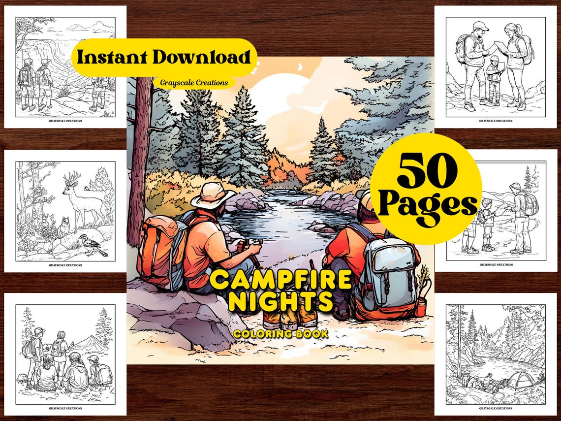 50 Campfire Nights Coloring Page Book, Camping Bold Lines Mindfulness ...