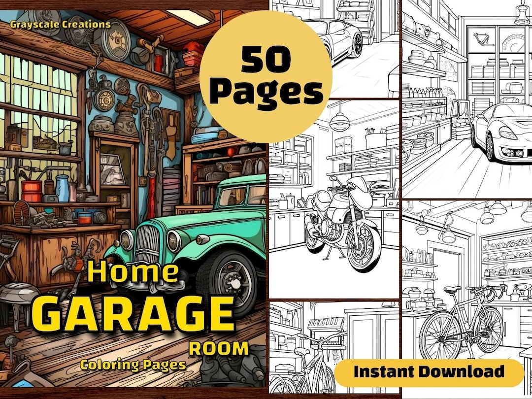 50 Garage Coloring Page Book, Printable PDF Sheets, Instant Download ...