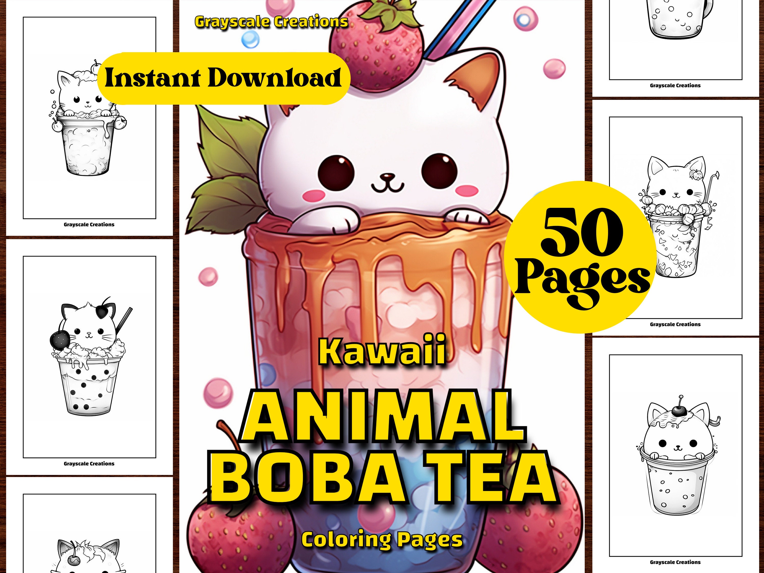 50 Animal Boba Tea Coloring Page Book, Cat Dog Panda Fox Cute Kawaii ...