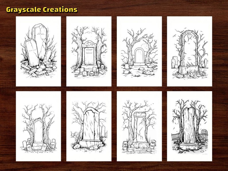 50 Tombstone Coloring Page Book, Halloween Graveyard Cemetery ...
