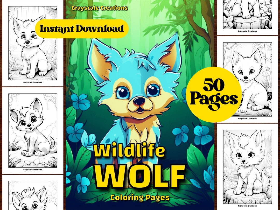 50 Cute Wolf Coloring Page Book, Printable PDF Sheets, Instant Download ...