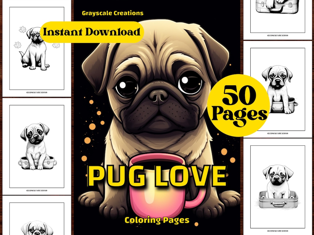 50 Pug Love Coloring Page Book, Love St Valentines Romance, Printable ...