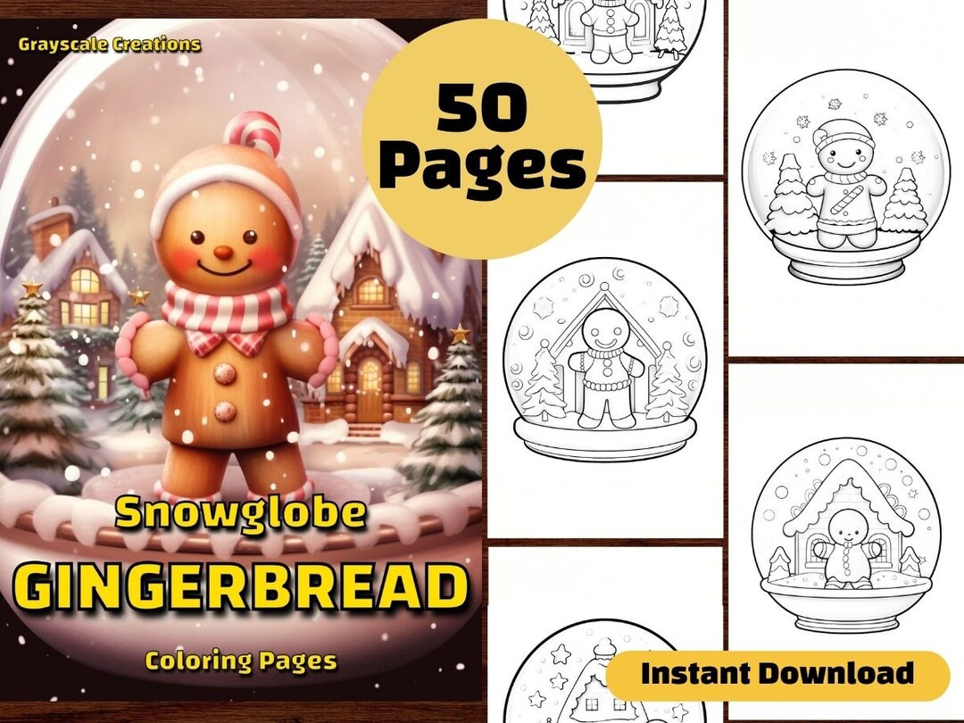 50 Gingerbread Snowglobe Coloring Page Book, Snow Glass Creature ...