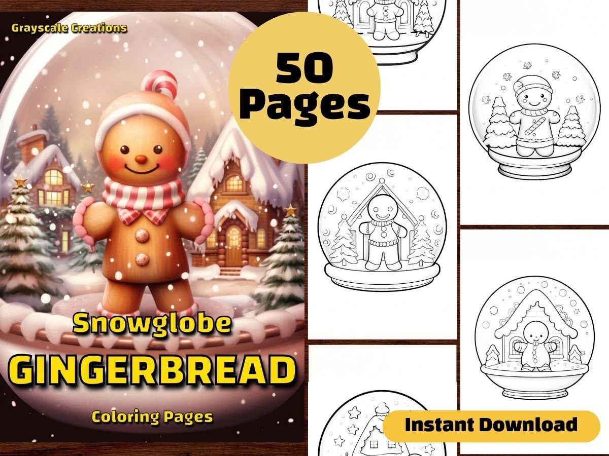 50 Gingerbread Snowglobe Coloring Page Book, Snow Glass Creature ...