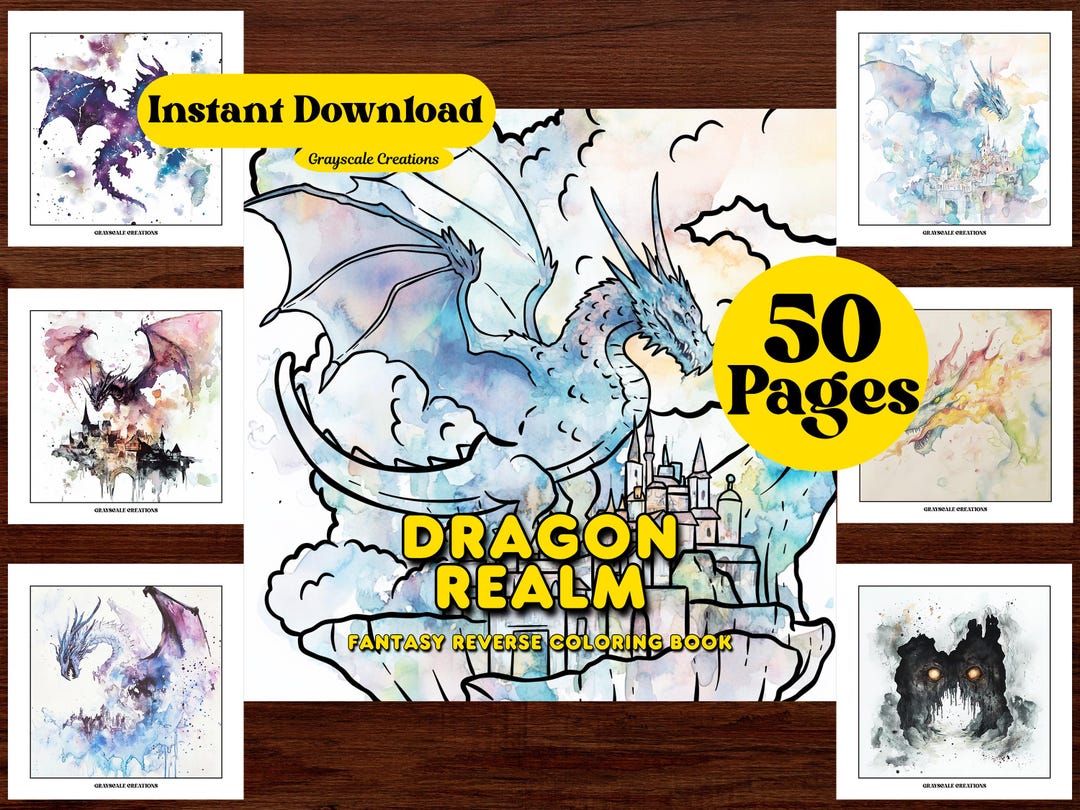 50 Dragon Realm Reverse Coloring Page Book, Watercolor Abstract ...