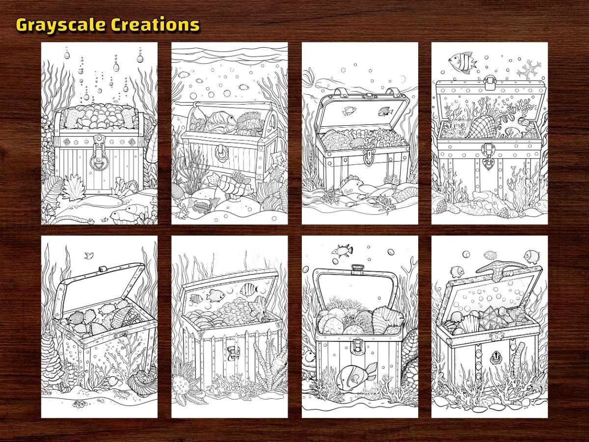 50 Underwater Treasury Coloring Page Book, Printable PDF Sheets ...