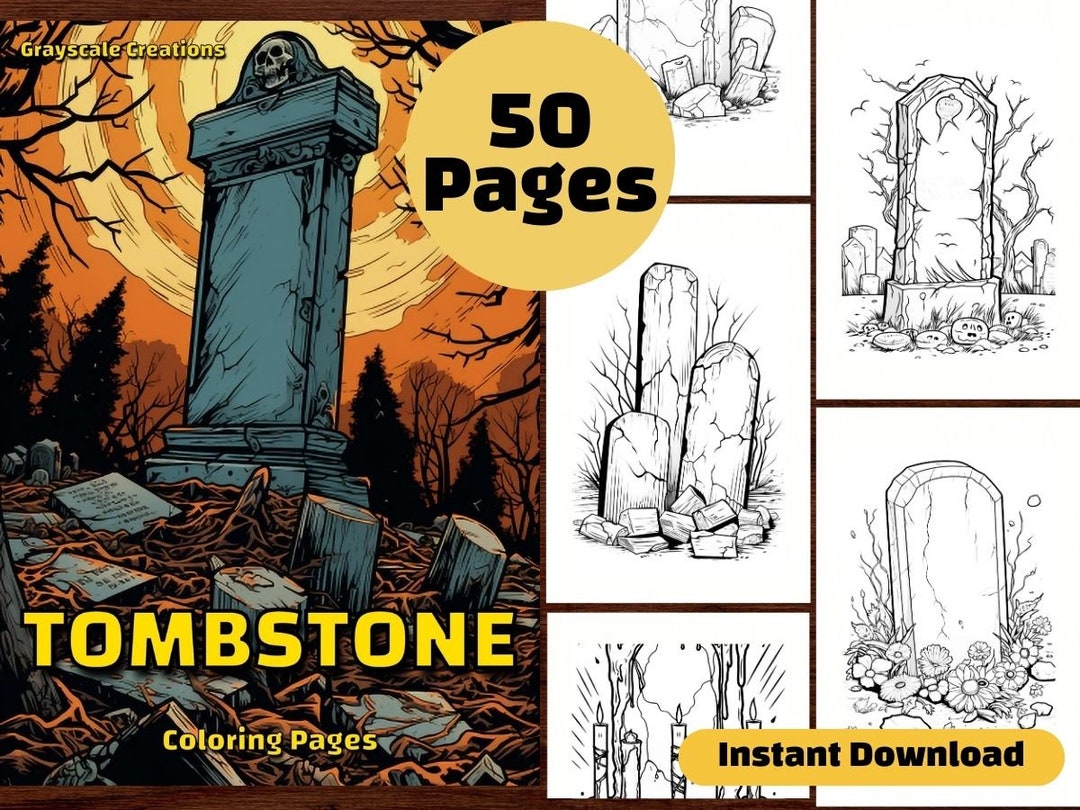 50 Tombstone Coloring Page Book, Halloween Graveyard Cemetery ...