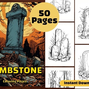 50 Tombstone Coloring Page Book, Halloween Graveyard Cemetery ...