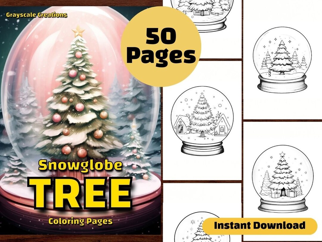 50 Christmas Tree Snowglobe Coloring Page Book, Snow Glass Creature ...