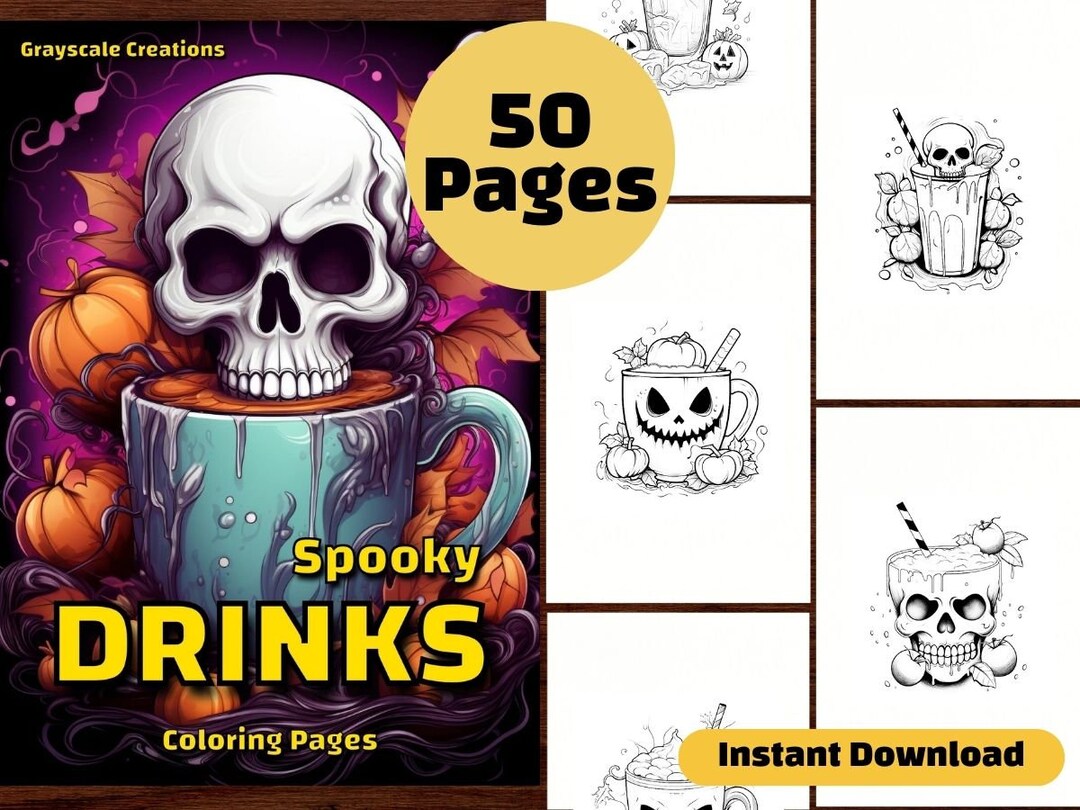 50 Spooky Drink Coloring Page Book, Halloween Beverage Cocktail Skull ...