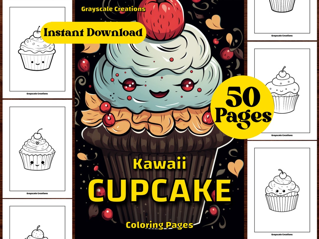 50 Cupcake Coloring Page Book, Sweet Cake Food Cute Kawaii Doodle ...