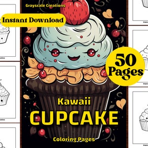 50 Cupcake Coloring Page Book, Sweet Cake Food Cute Kawaii Doodle ...