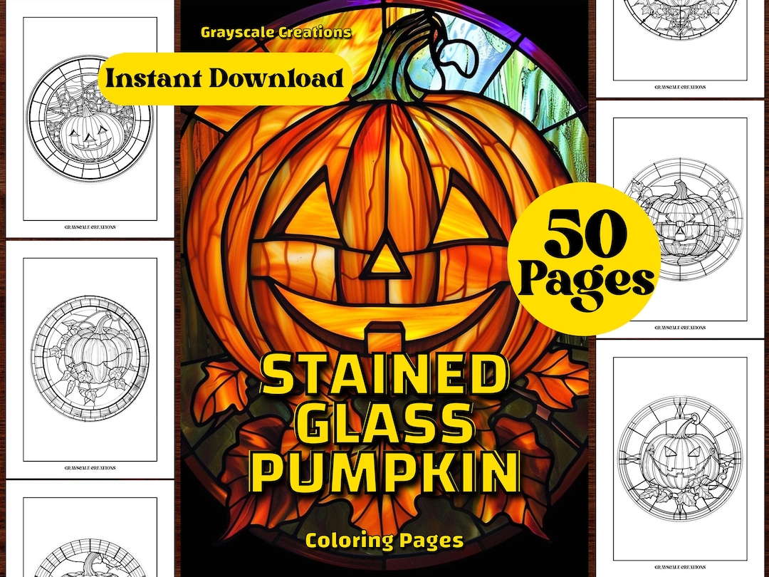 50 Stained Glass Pumpkin Coloring Page Book, Halloween Creepy ...