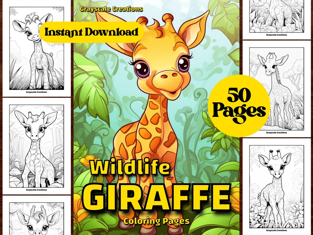 50 Cute Giraffe Coloring Page Book, Printable PDF Sheets, Instant ...