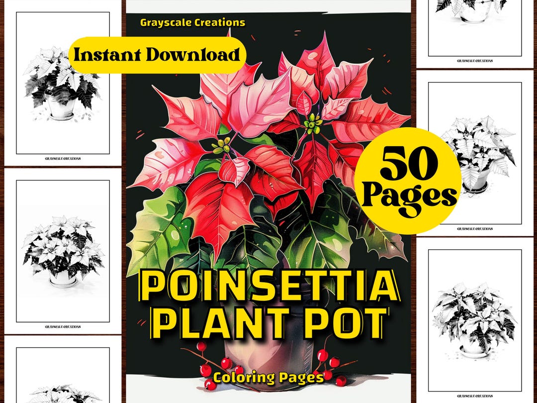 50 Poinsettia Plant in Pot Coloring Page Book, Christmas Creature Xmas ...