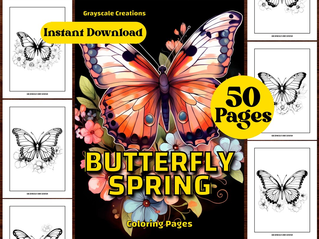 50 Butterfly Spring Coloring Page Book, Nature Botanical Flower Floral ...