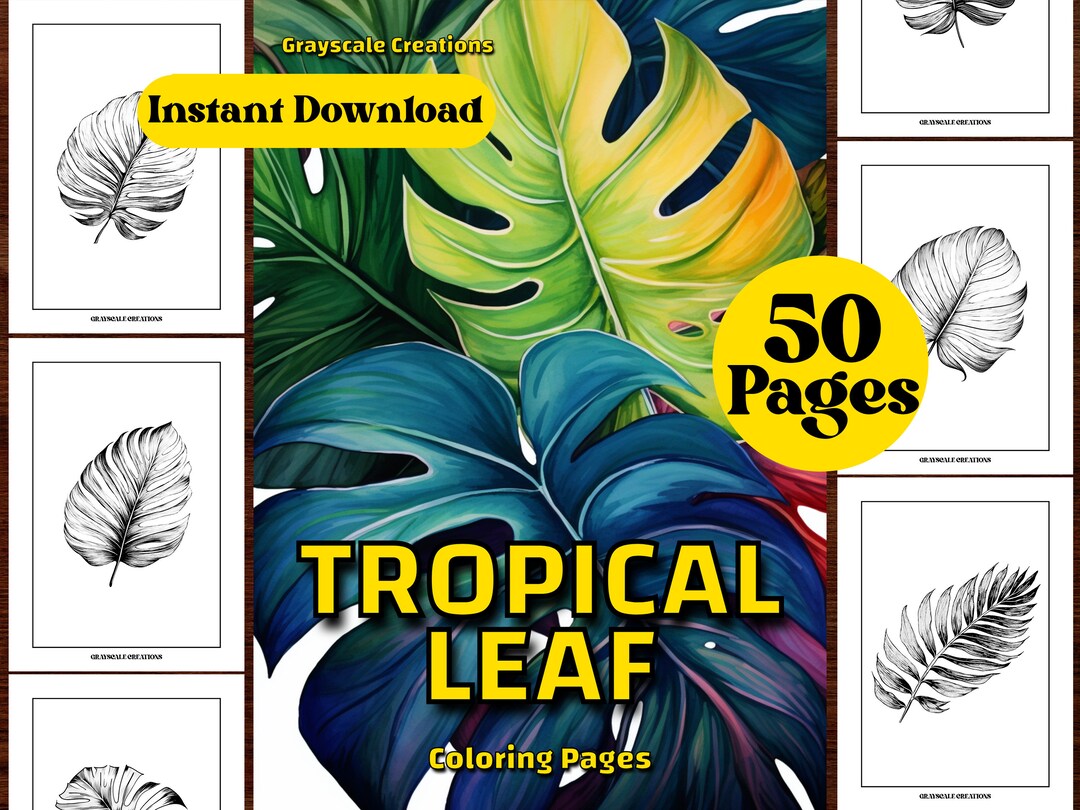 50 Tropical Leaf Coloring Page Book, Nature Botanical Flower Floral ...