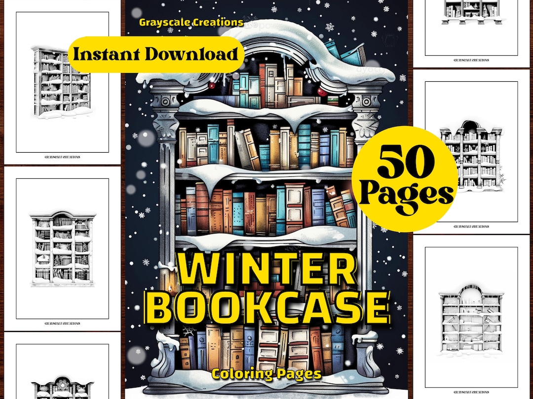 50 Winter Bookcase Coloring Page Book, Christmas Snow Creature Xmas ...