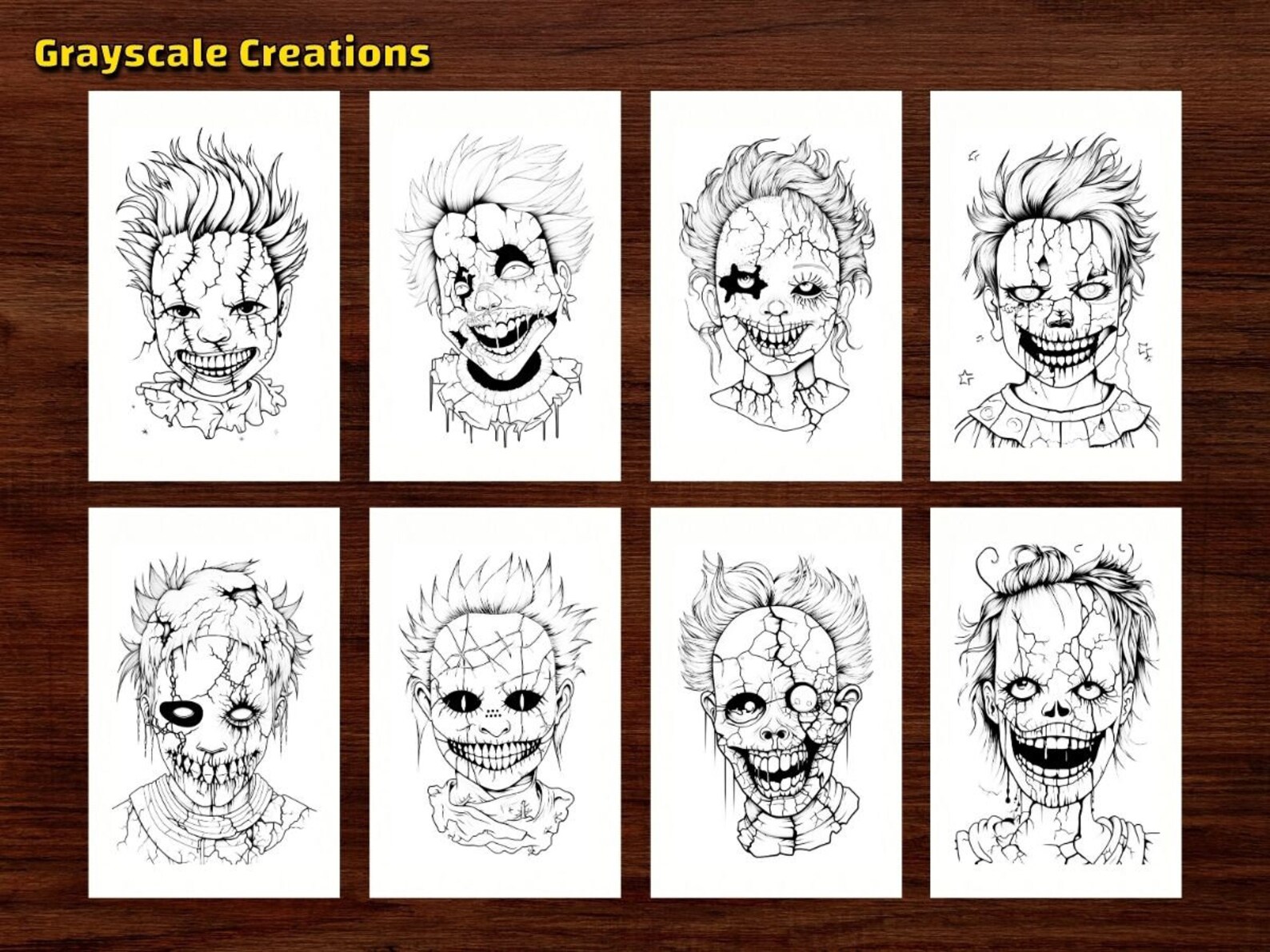 50 Creepy Clown Head Coloring Page Book, Halloween Circus Chibi ...