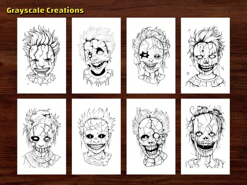 50 Creepy Clown Head Coloring Page Book, Halloween Circus Chibi ...