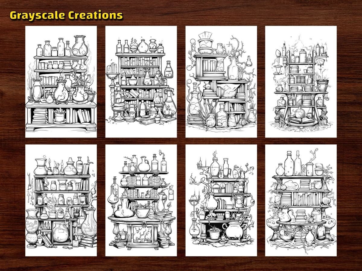 50 Magic Potion Shelves Coloring Page Book, Printable PDF Sheet ...
