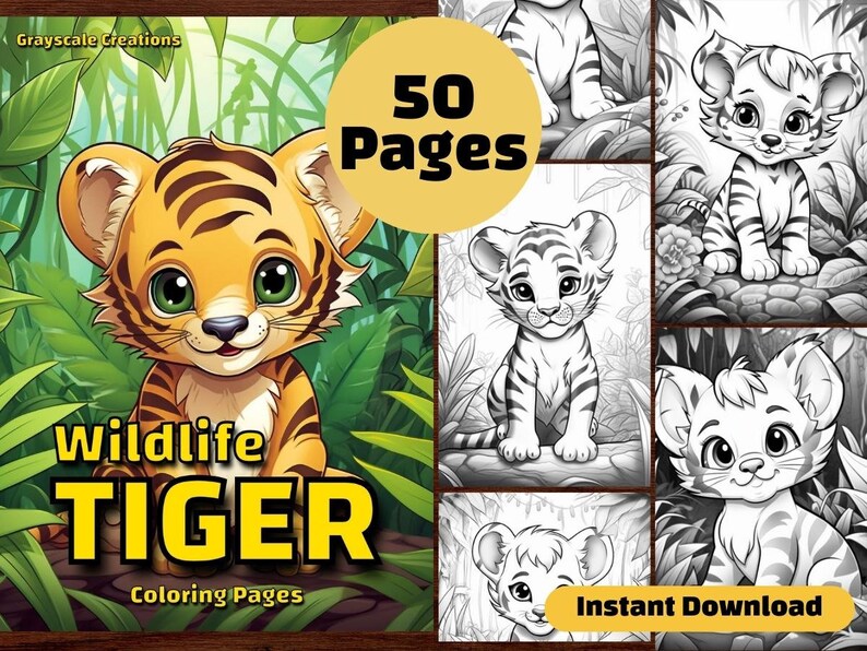 50 Cute Tiger Coloring Page Book Printable PDF Sheet Instant - Etsy