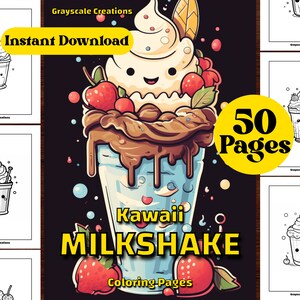 50 Milkshake Coloring Page Book, Beverage Food Cute Kawaii Doodle ...