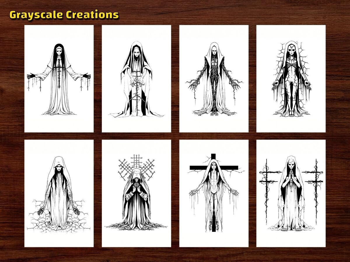 50 Creepy Nun Coloring Page Book, Halloween Religious Cartoon ...