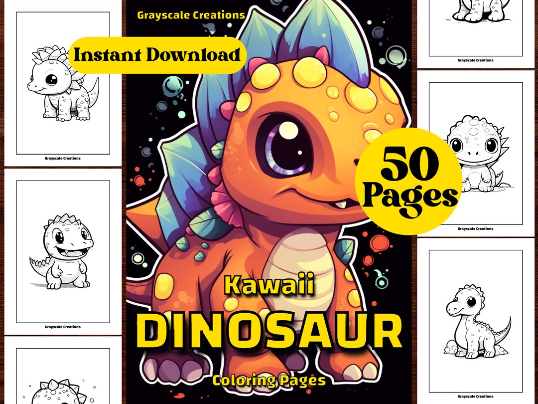 50 Dinosaur Coloring Page Book, Dragon Cute Fantasy Kawaii Doodle ...