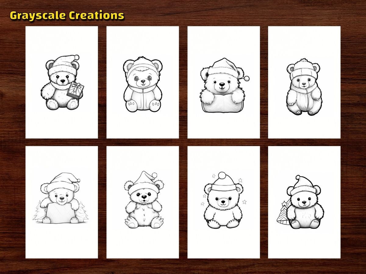 50 Christmas Bear Coloring Page Book, Cute Teddy Animal Xmas Winter ...