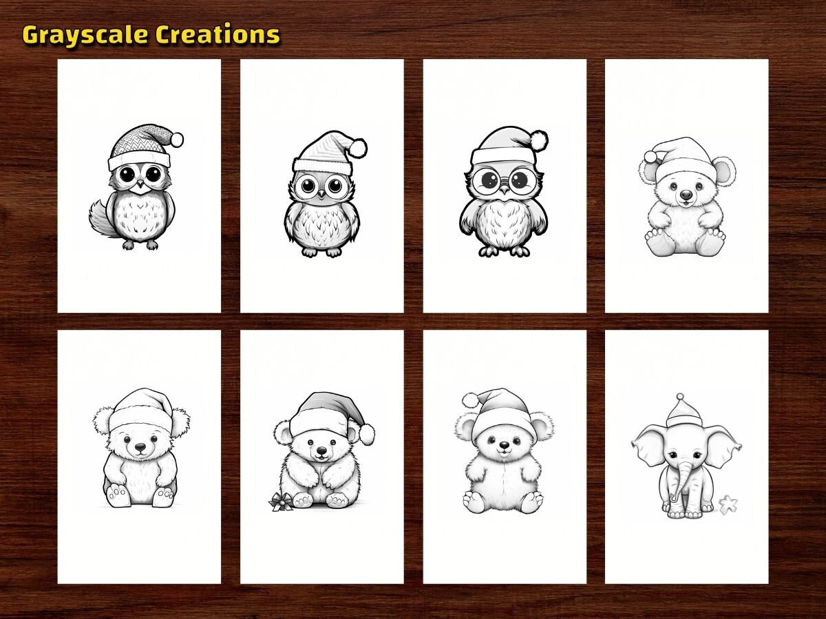 50 Animals Christmas Coloring Page Book, Pig Squirrel Sheep Owl Pinguin ...