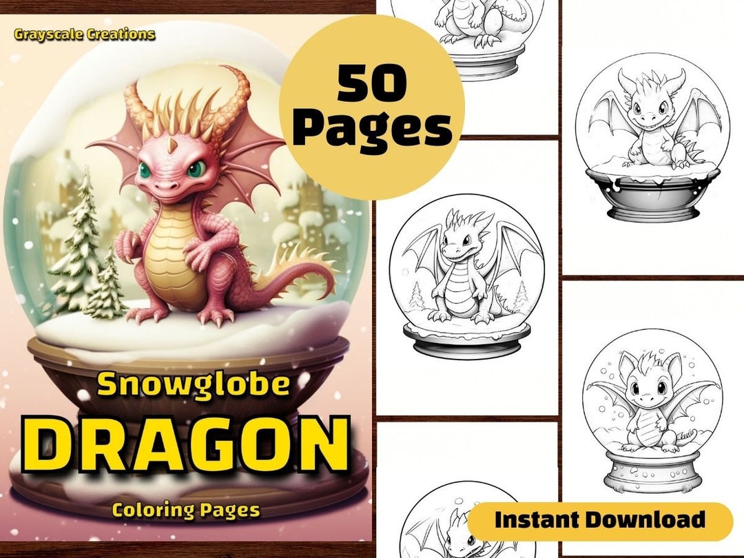 50 Cute Dragon Snowglobe Coloring Page Book, Snow Glass Creature ...