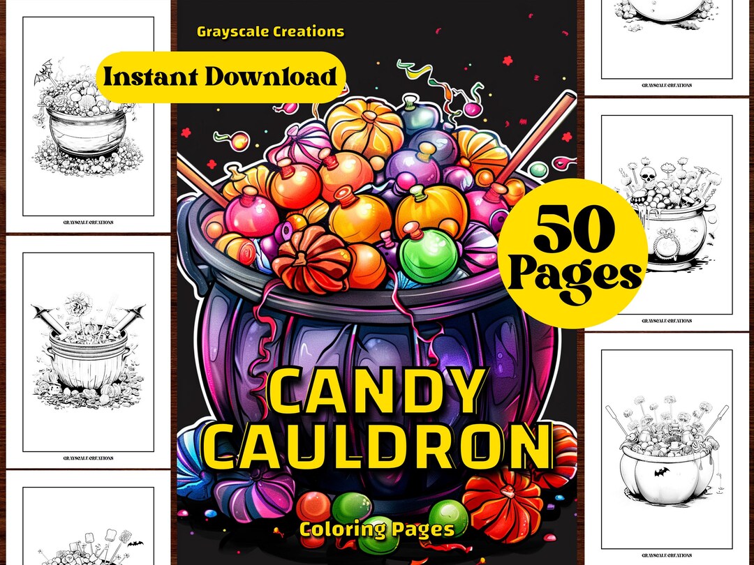 50 Cauldron Candy Coloring Page Book, Halloween Cartoon Creepy ...