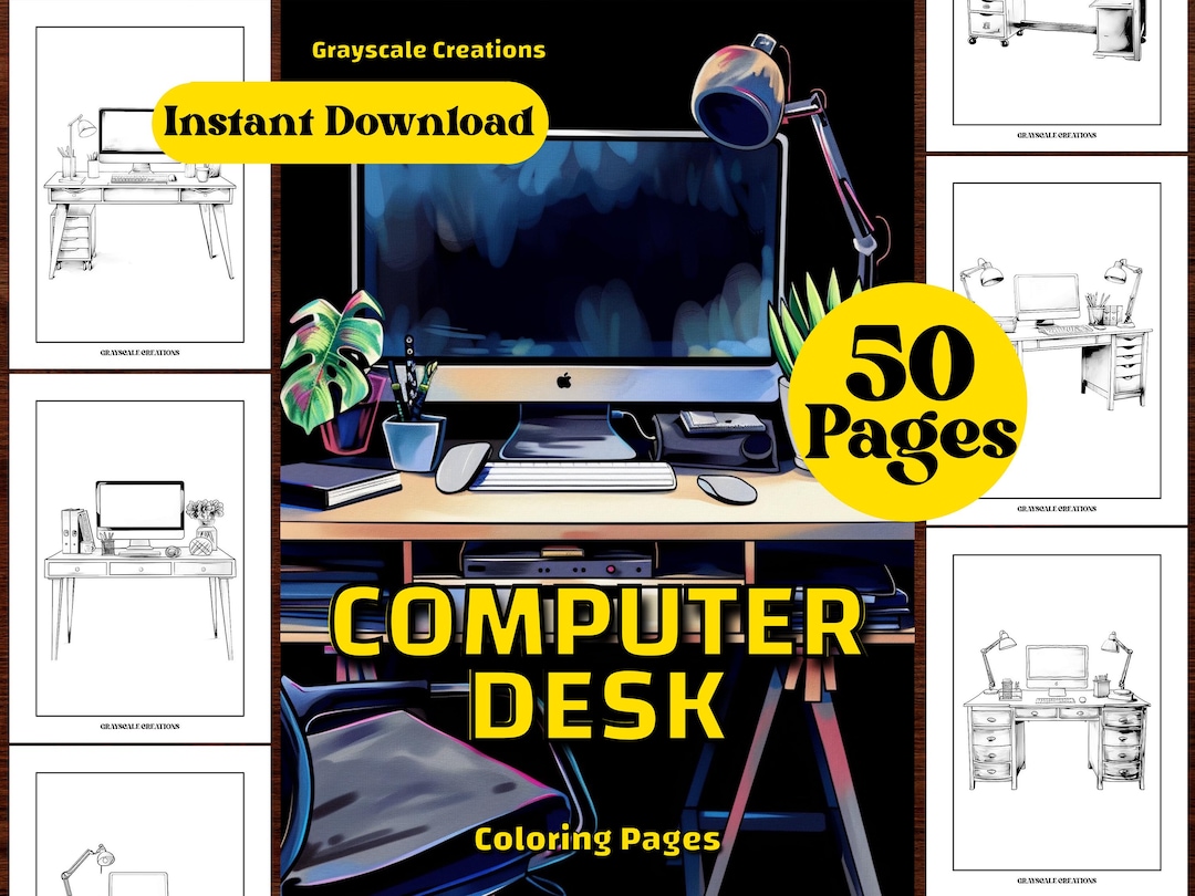 50 Desk With Computer Coloring Page Book, Nature House Interior ...