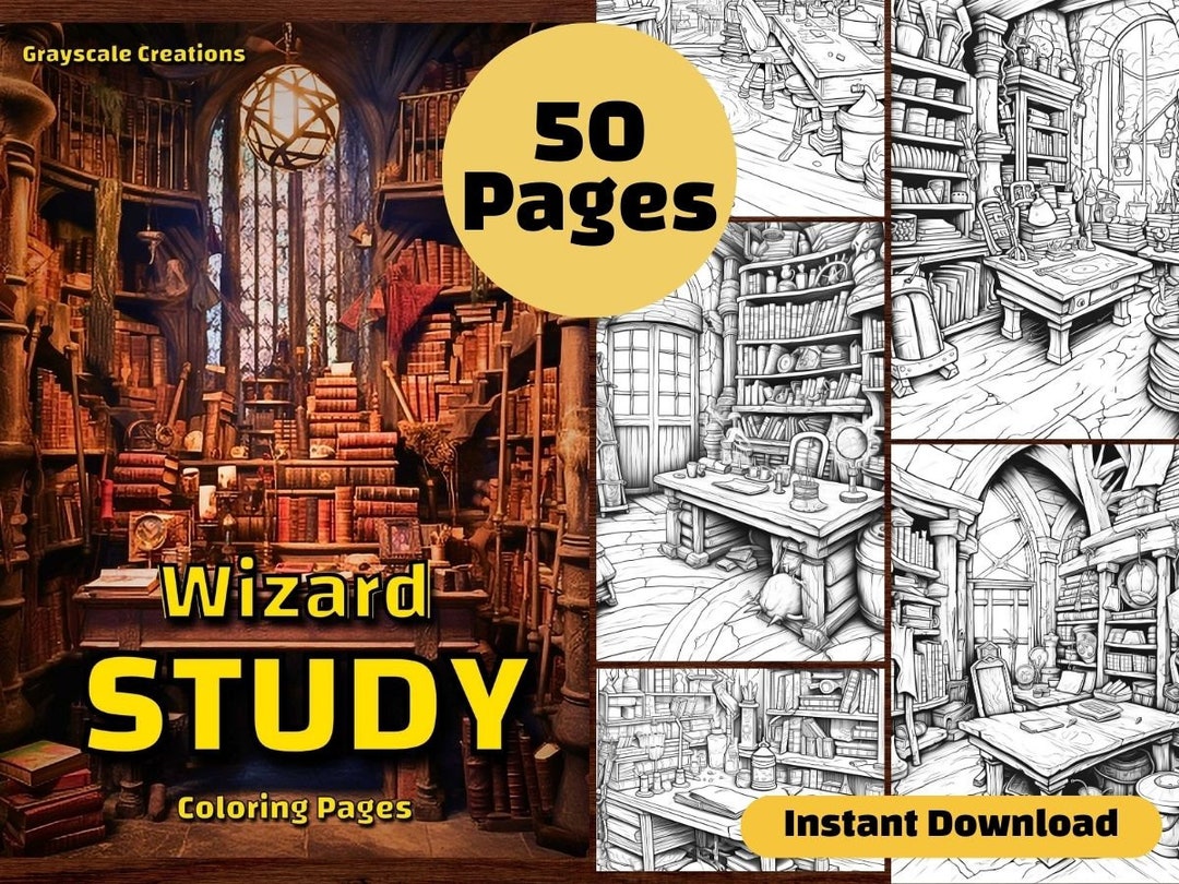 50 Wizard’s Study Coloring Page Book, Printable PDF Sheets, Instant ...
