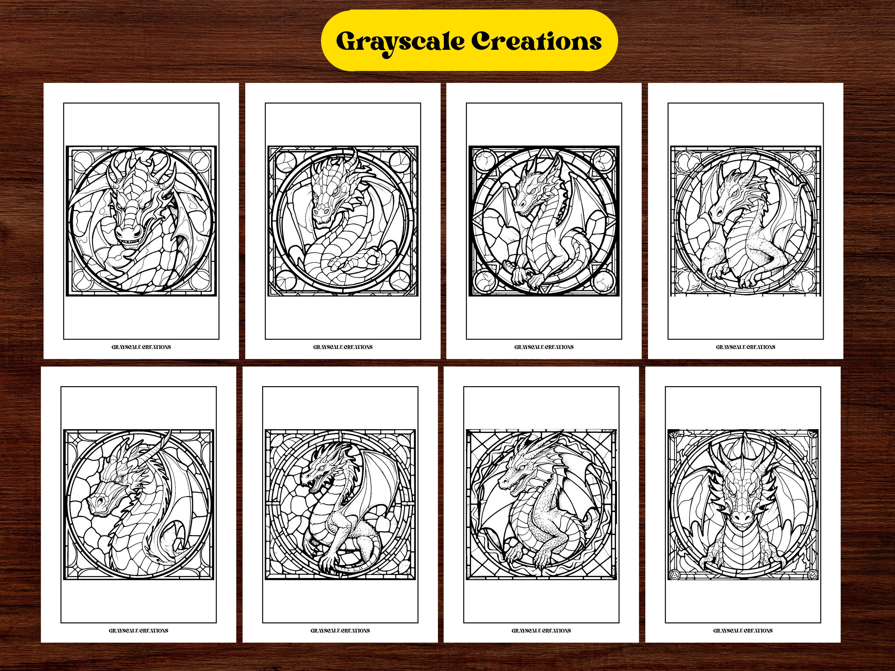 50 Stained Glass Dragon Coloring Page Book, Fantasy Creatures, Birthday ...